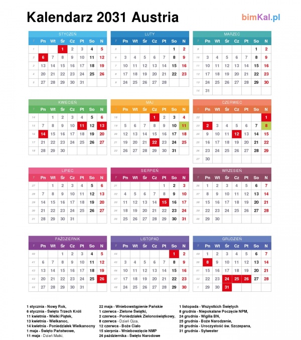 Austriacki kalendarz na 2031 rok dla Austrii bimKal.pl