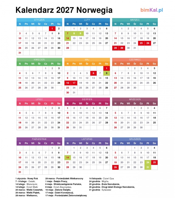 Kalendarz norweski na 2027 rok | bimKal.pl